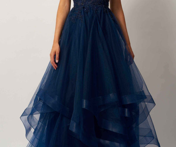 Navy Tulle Ballgown - Tiered Elegance | Lace, Tulle, Plunge
