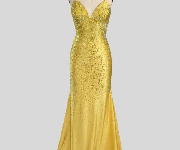 Poppy Yellow Rhinestone Prom Dress-Fitted Dress|Backless