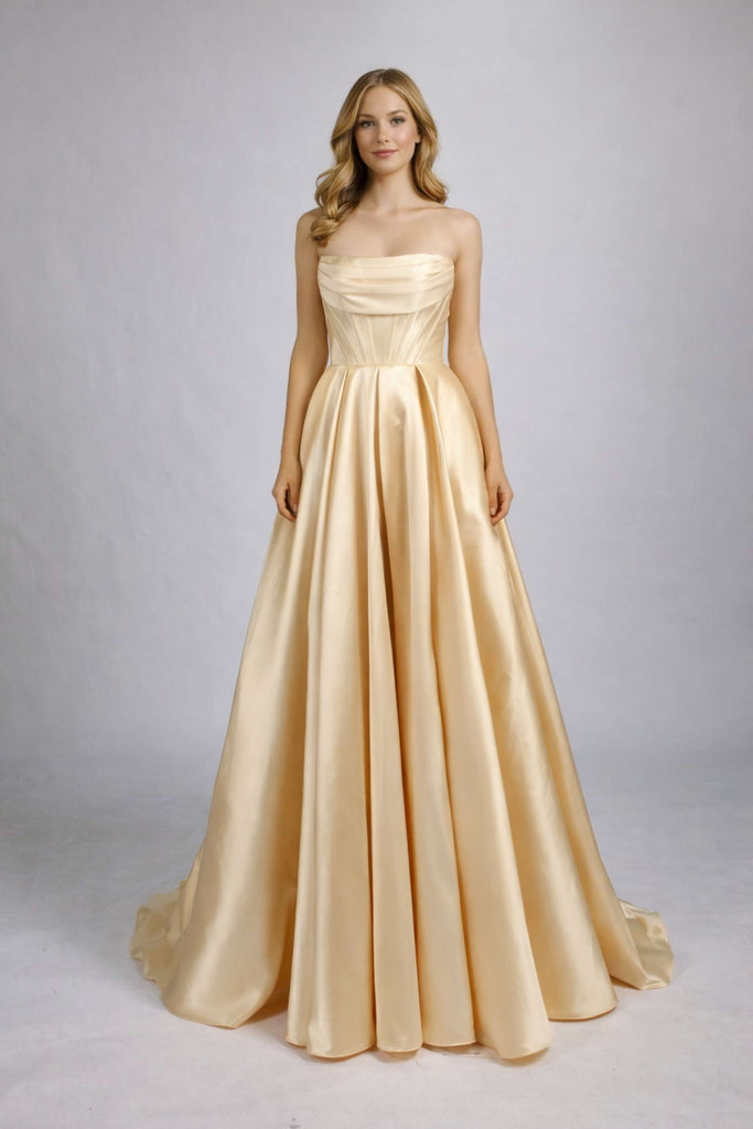 Jessica Stuart Yellow Satin Gown - Ball Gown | Strapless, Pockets