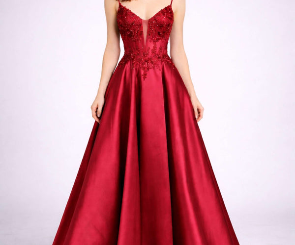 Satin Wine Ballgown - Jessica Stuart | Lace, Spaghetti Straps