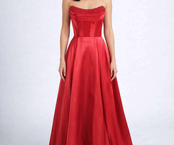 Red Pearl Evening Gown - Jessica Stuart | Pearl Bodice, Satin Skirt