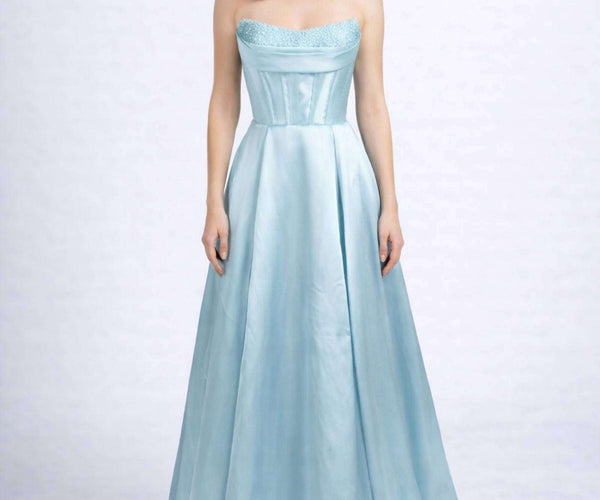 Jessica Stuart Light Blue Pearl Strapless Evening Gown 33219B