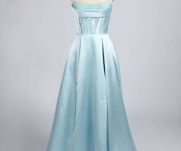 Jessica Stuart Light Blue Pearl Strapless Evening Gown 33219B