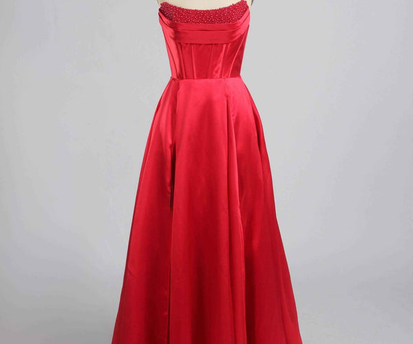 Red Pearl Evening Gown - Jessica Stuart | Pearl Bodice, Satin Skirt