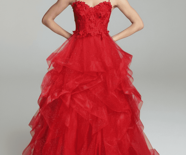 Jessica Stuart Ball Gown - 3D Floral Tiered Prom | Flowers, Ruffled