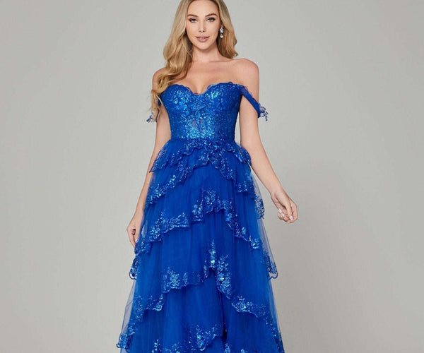 Chloe Royal Blue Prom Dress - Off-Shoulder | Lace, Sequin