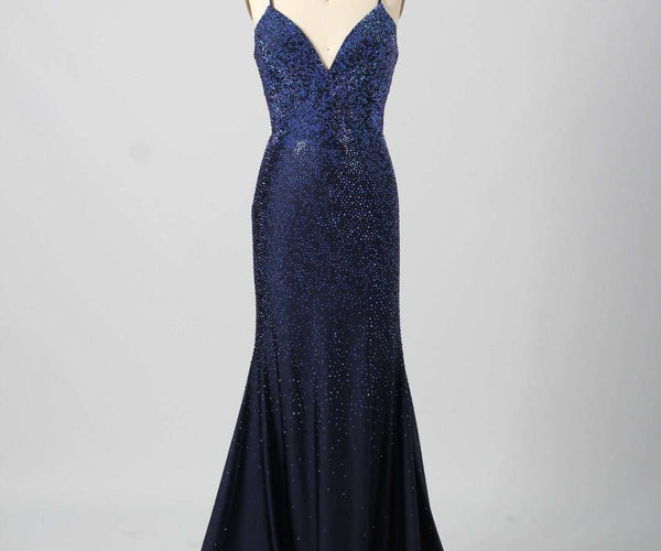 Poppy - Navy/Black Rhinestone Long Prom Dress - Jessica Stuart
